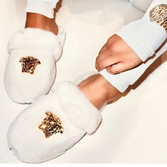 Versace | Shoes | New Versace Medusa All Fur Slippers 80 Retail Lxl ...